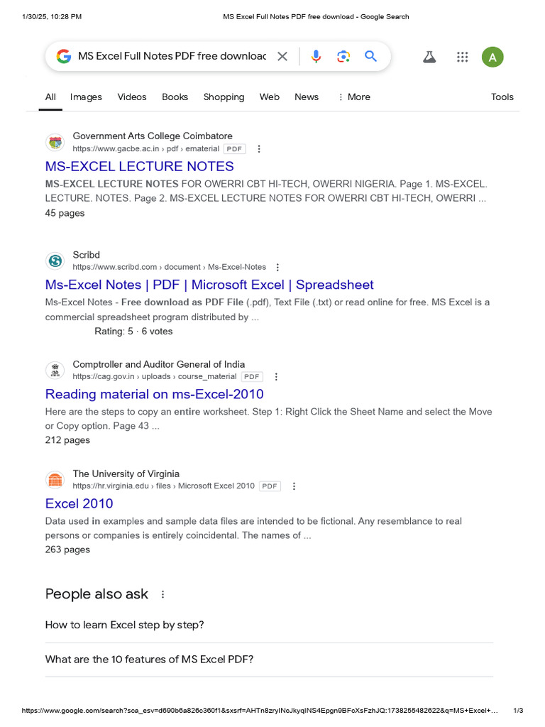 MS Excel Full Notes PDF Free Download - Google Search | PDF | Microsoft ...