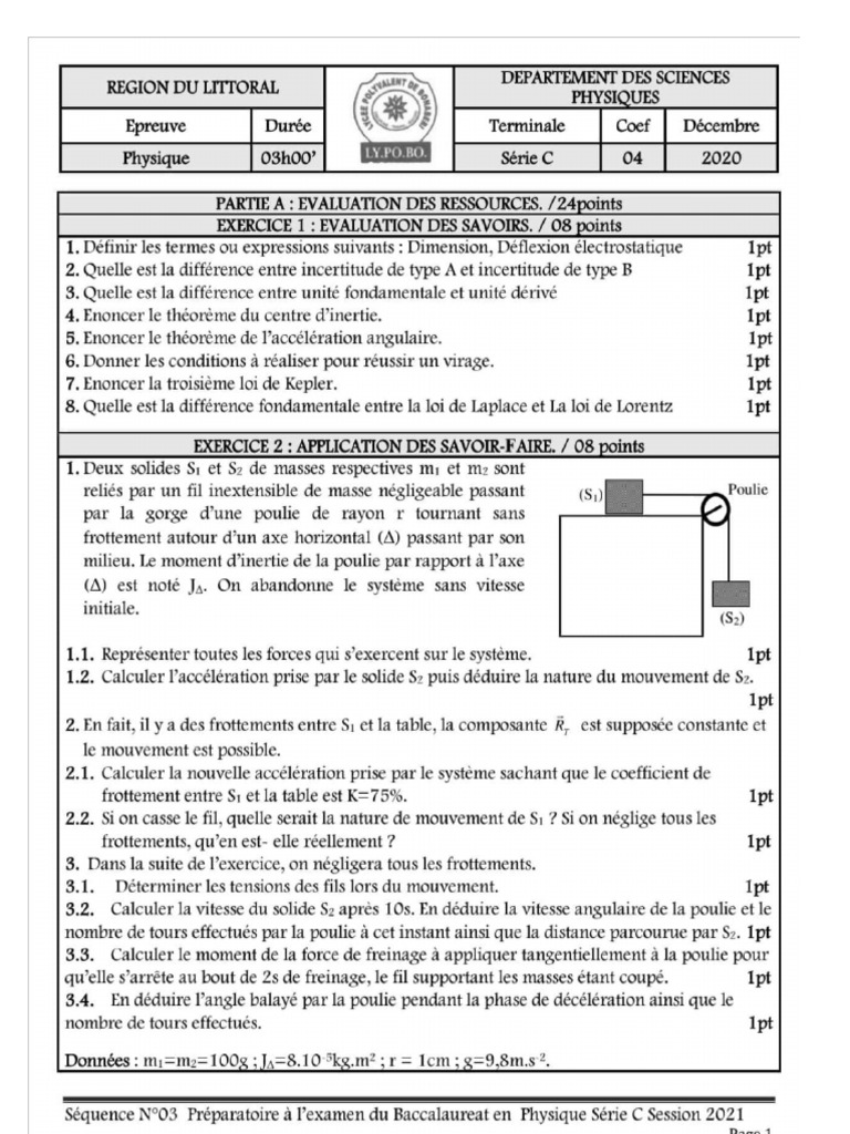 Physique - Lycée Polyvalent de Bonabéri - Terminale C - Séquence N°3 - 20202021 Cameroun | PDF