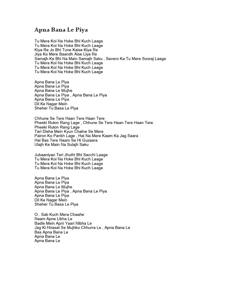 Apna Bana Le Piya Lyrics | PDF