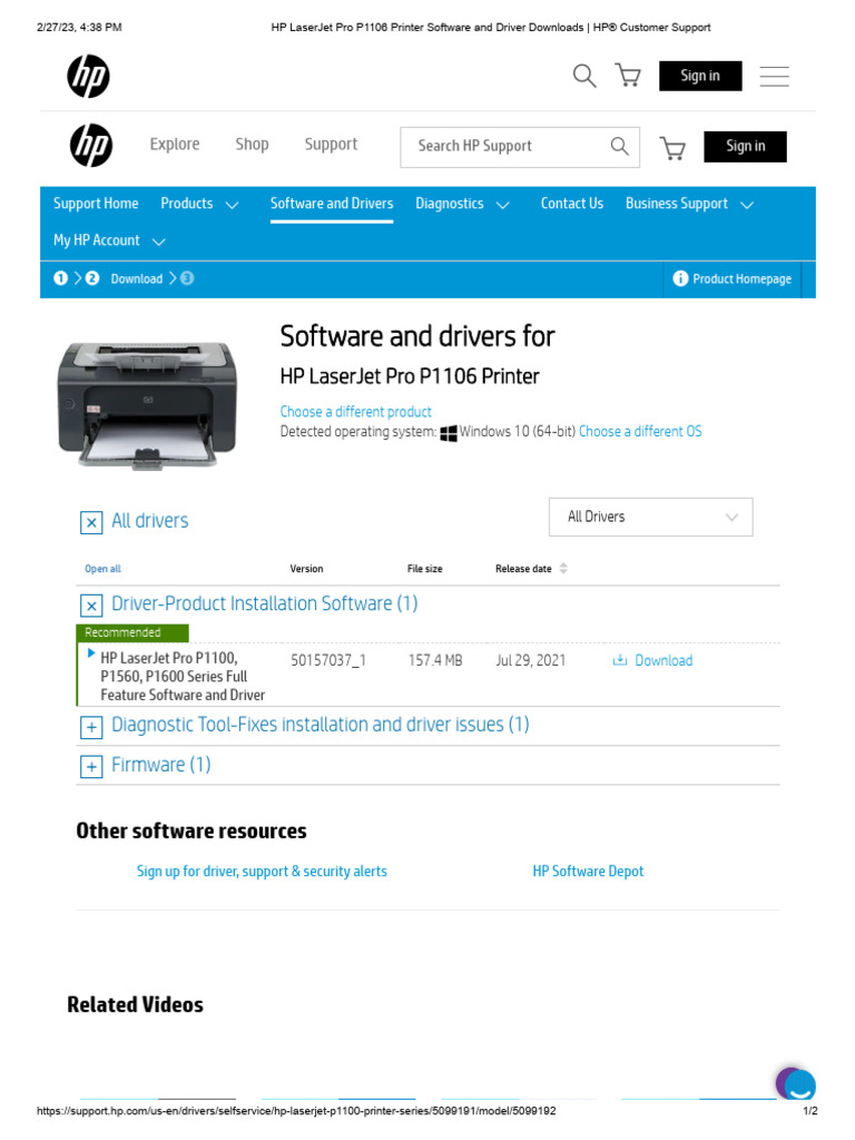 HP LaserJet Pro P1106 Printer Software and Driver Downloads - HP® Customer Support | PDF ...