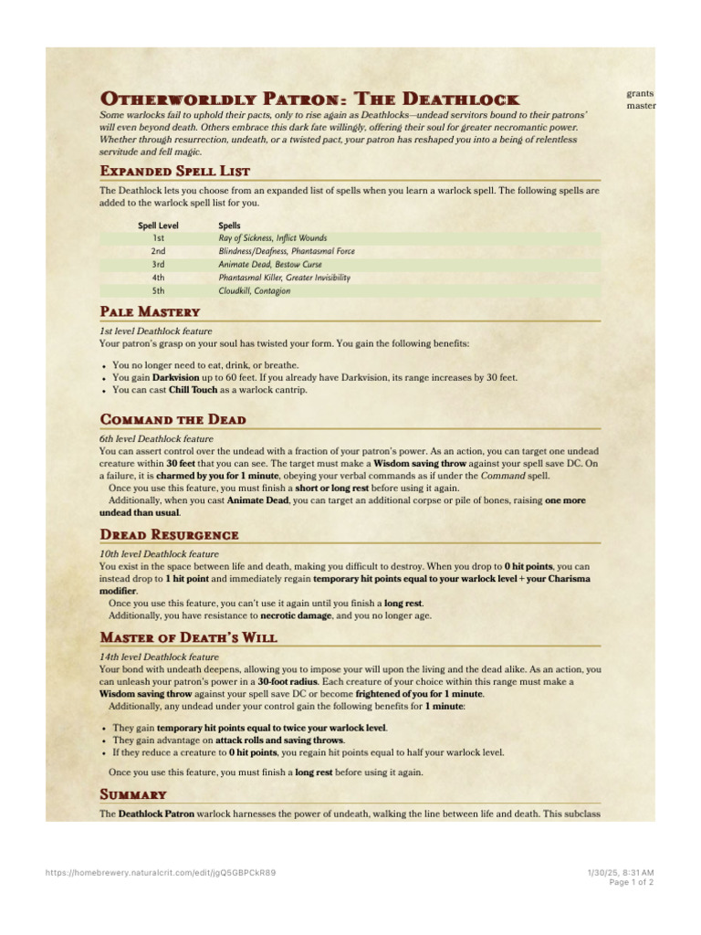 Deathlock - The Homebrewery | PDF