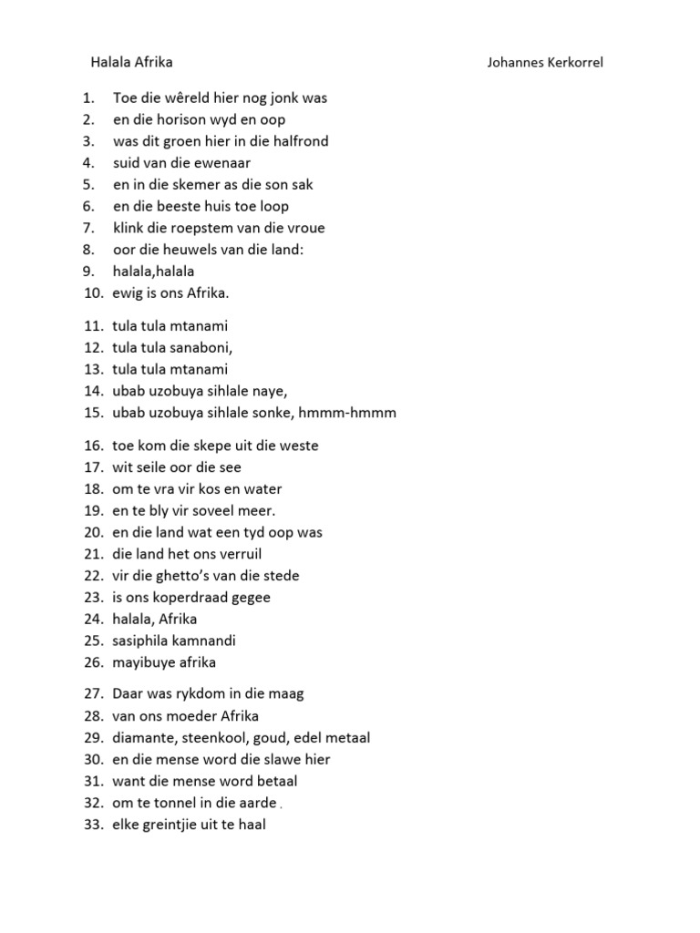 Halala Afrika Johannes Kerkorrel Gedig Graad 10 | PDF