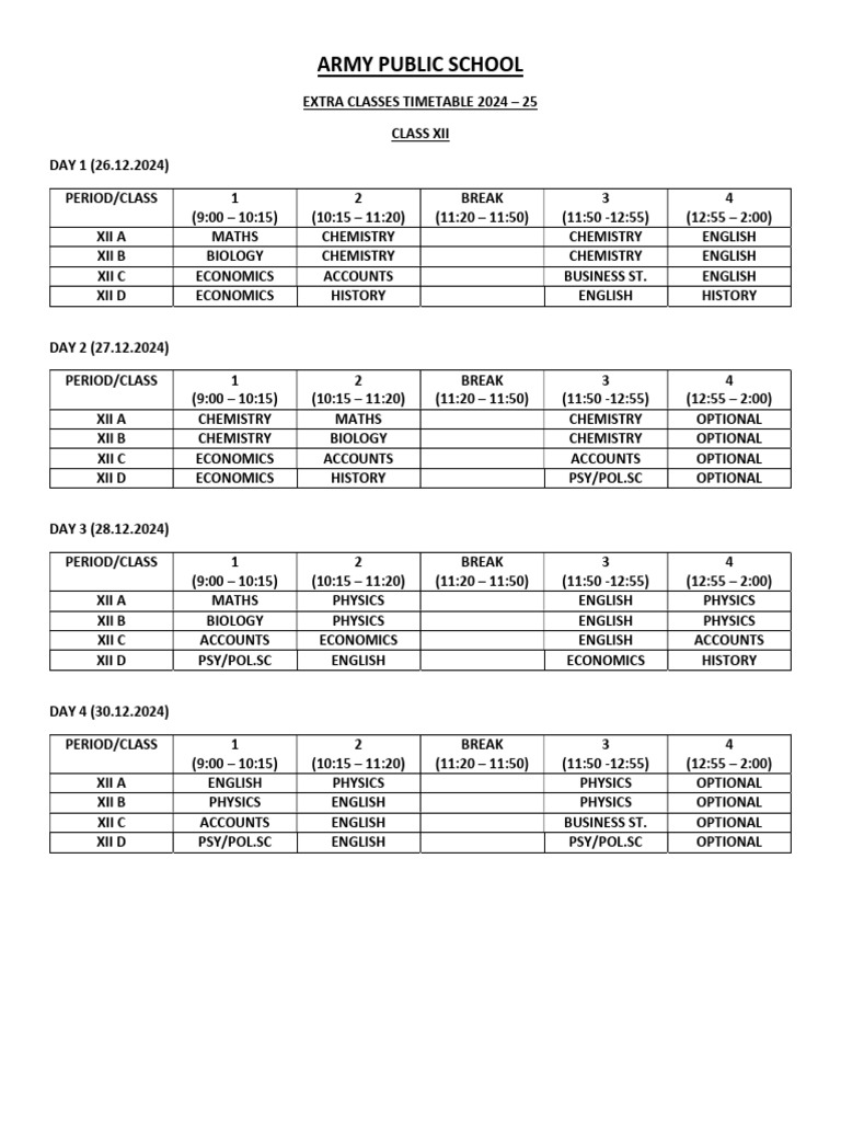 Army Public School Extra Classes 2024-25 | PDF