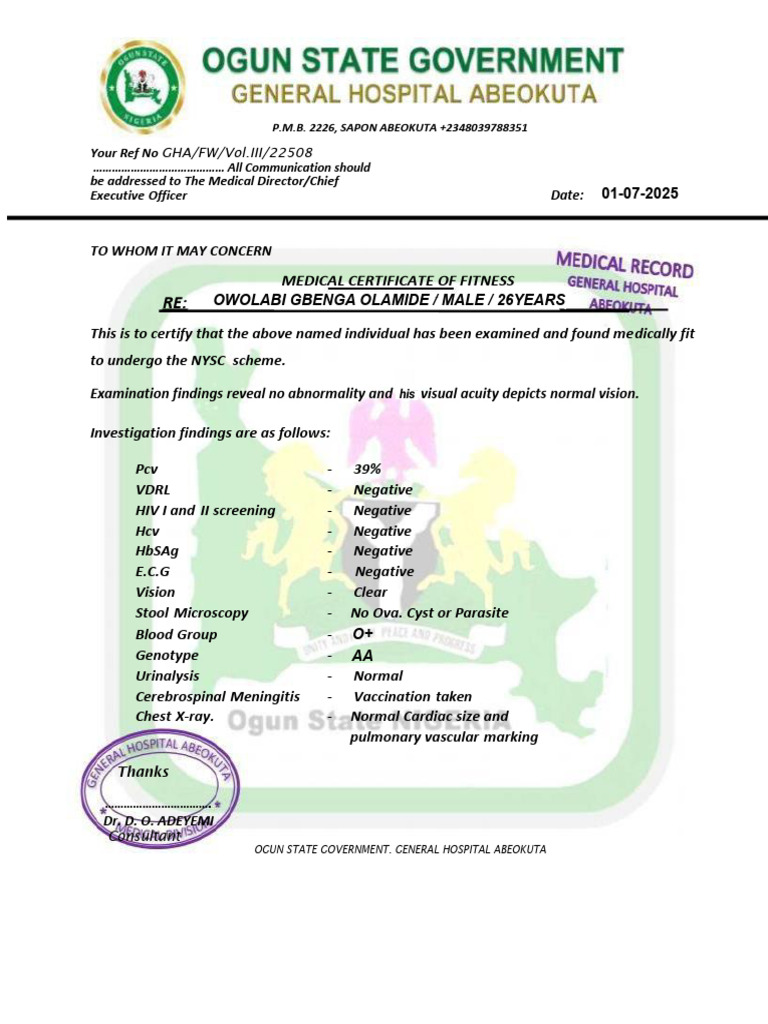 NYSC Medical Fitness Certificate Sample | PDF