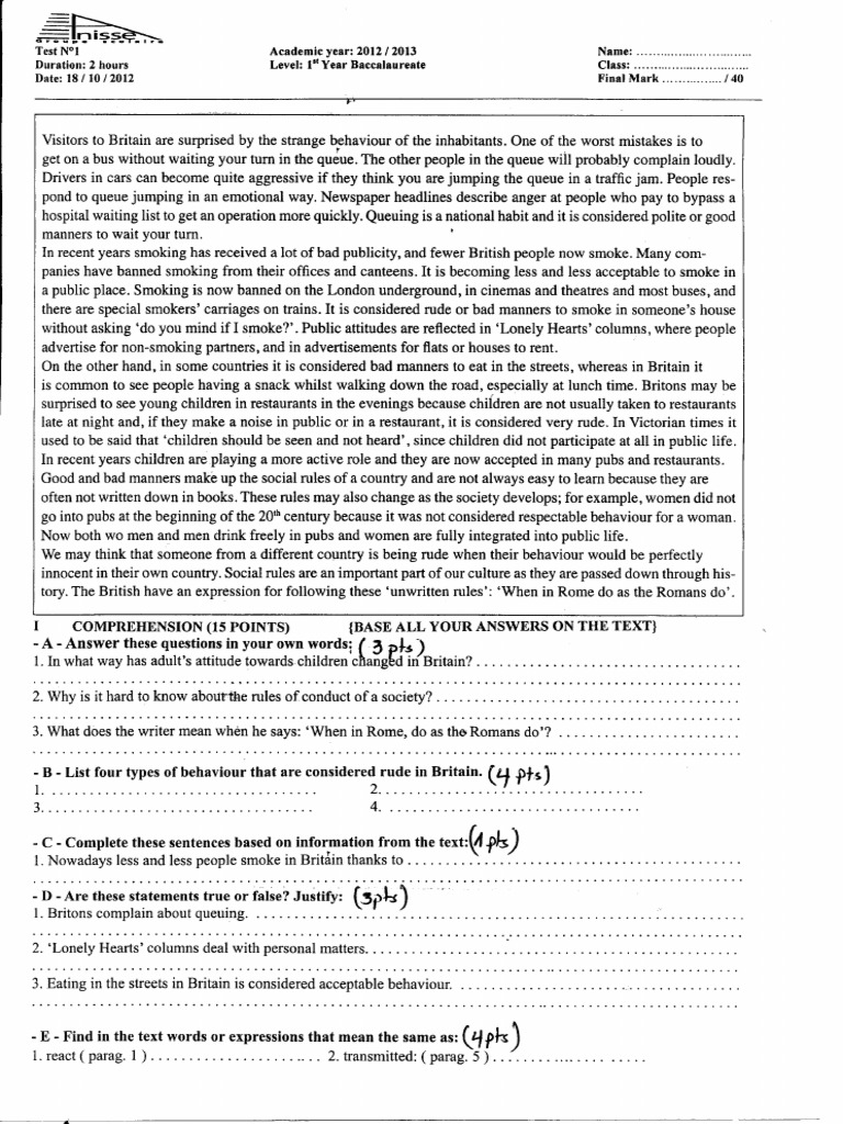 Test 1 Model 8 English 1st Bac First Term 5 | PDF