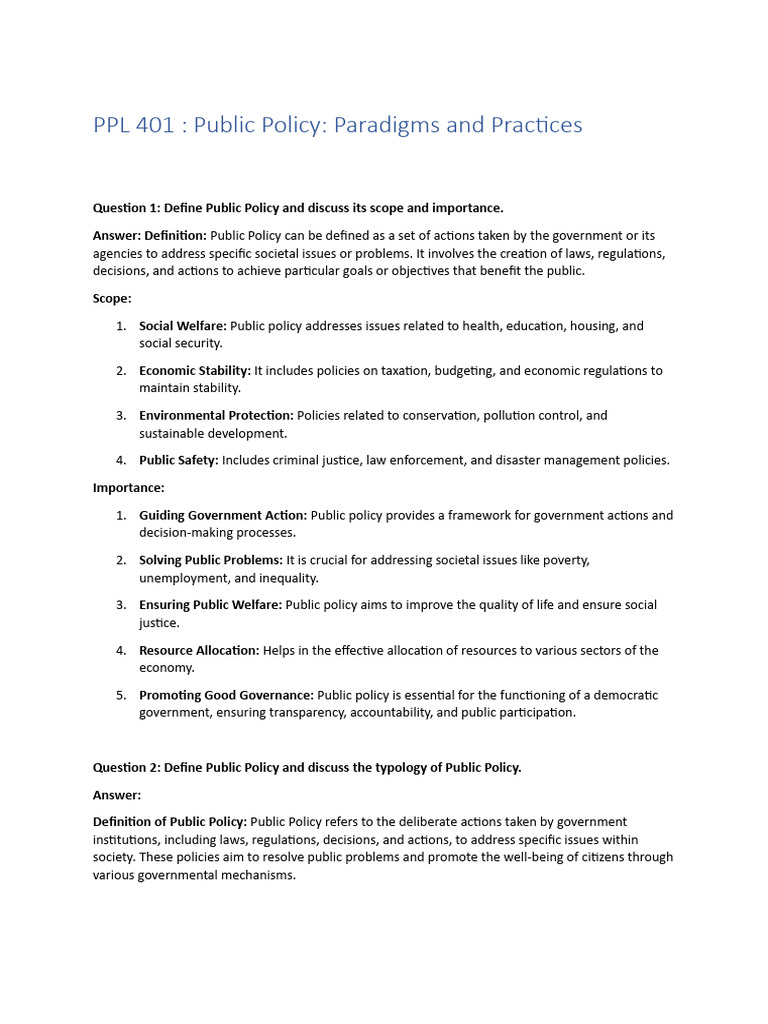 PPL 401 important questions | PDF | Policy | Governance