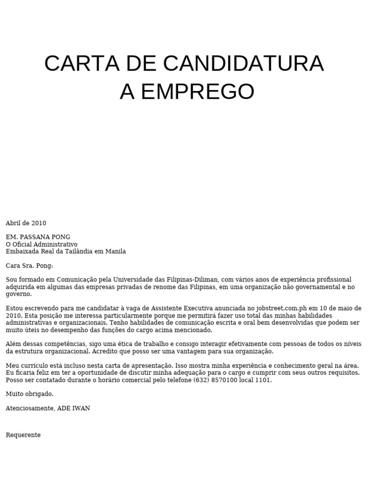 Carta de Candidatura A Emprego | PDF | Enfermagem