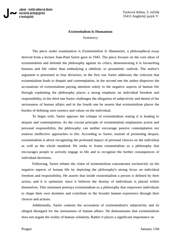 Existentialism Is Humanism (Summary) | PDF | Existentialism | Humanism
