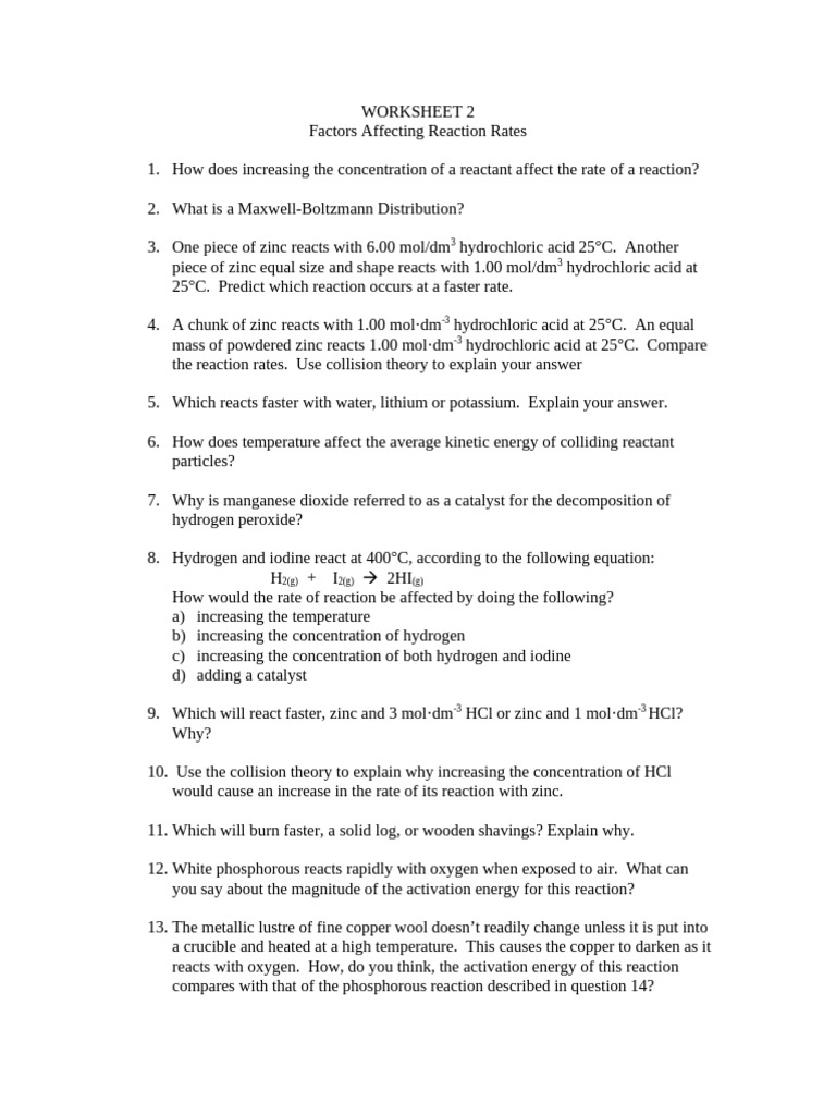 Worksheet 2 - Factors Affecting Reaction Rates | PDF | Reaction Rate ...