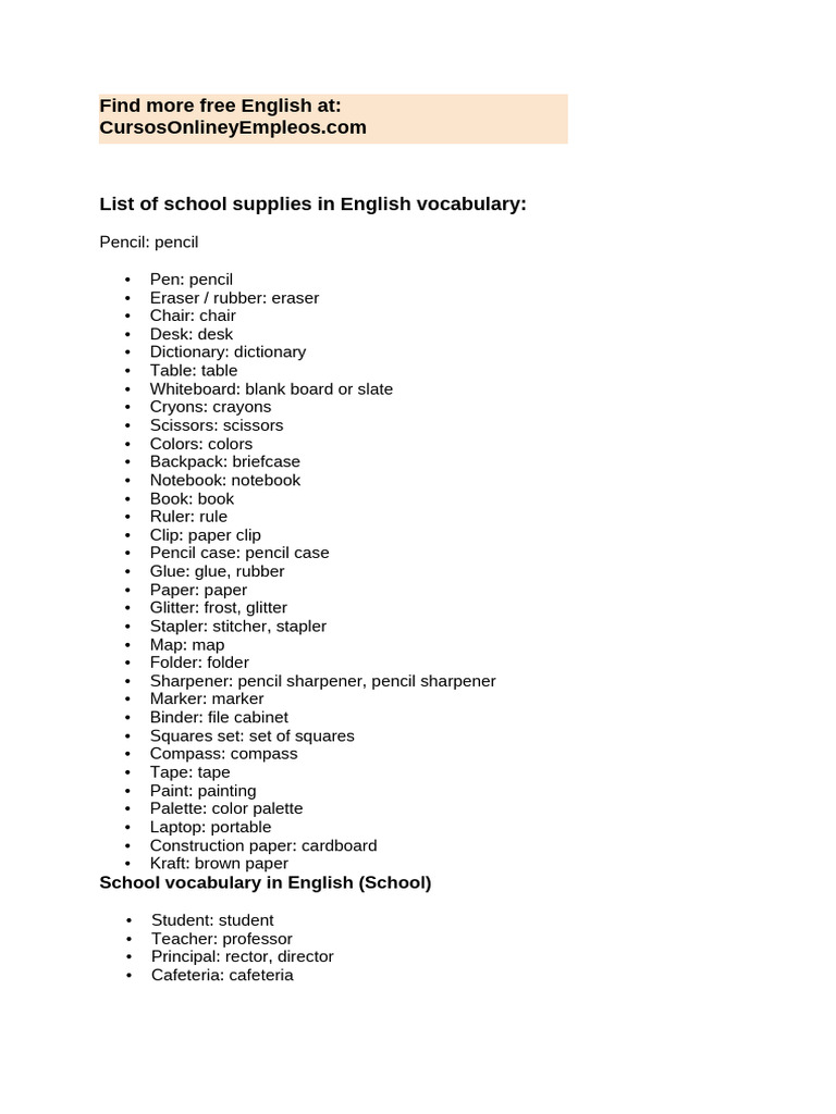 English School Supplies Vocabulary | PDF