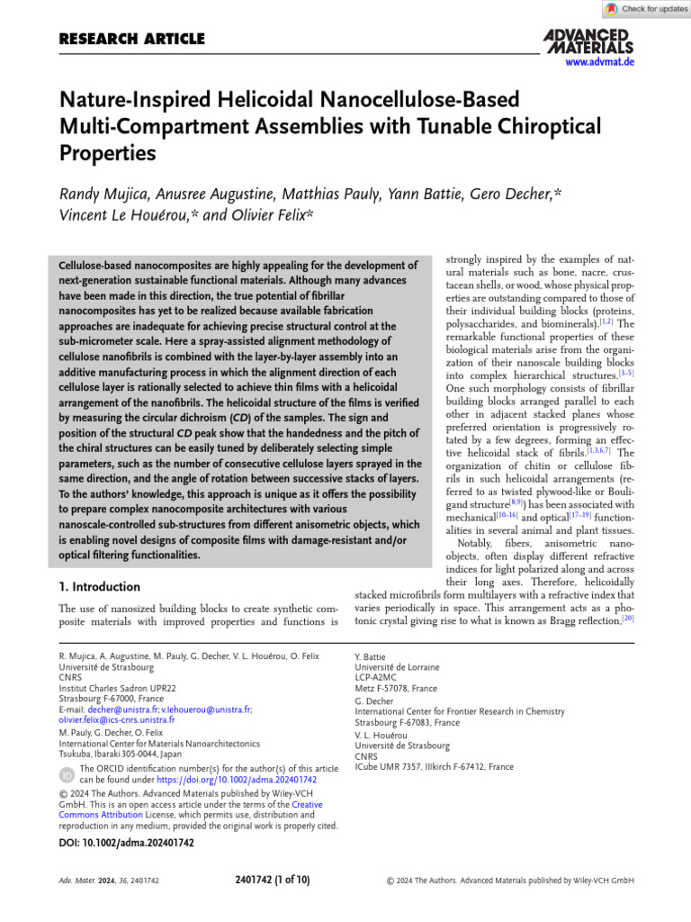 Advanced Materials - 2024 - Mujica - Nature‐Inspired Helicoidal Nanocellulose‐Based Multi ...