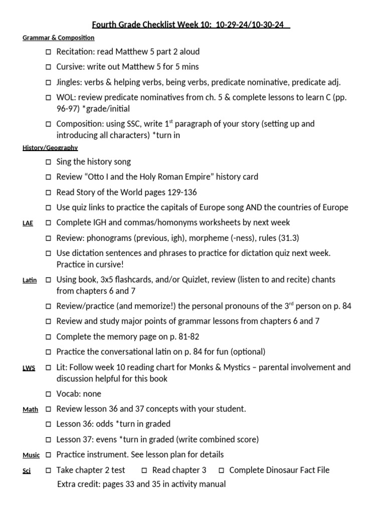 Fourth Grade Week 10 Checklist 2024 | PDF | Syntax | Grammar