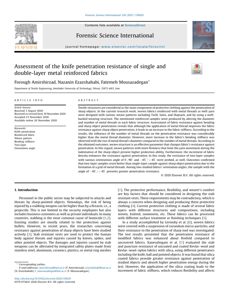 Assessment of the knife penetration resistance of single and double-layer metal reinforced ...