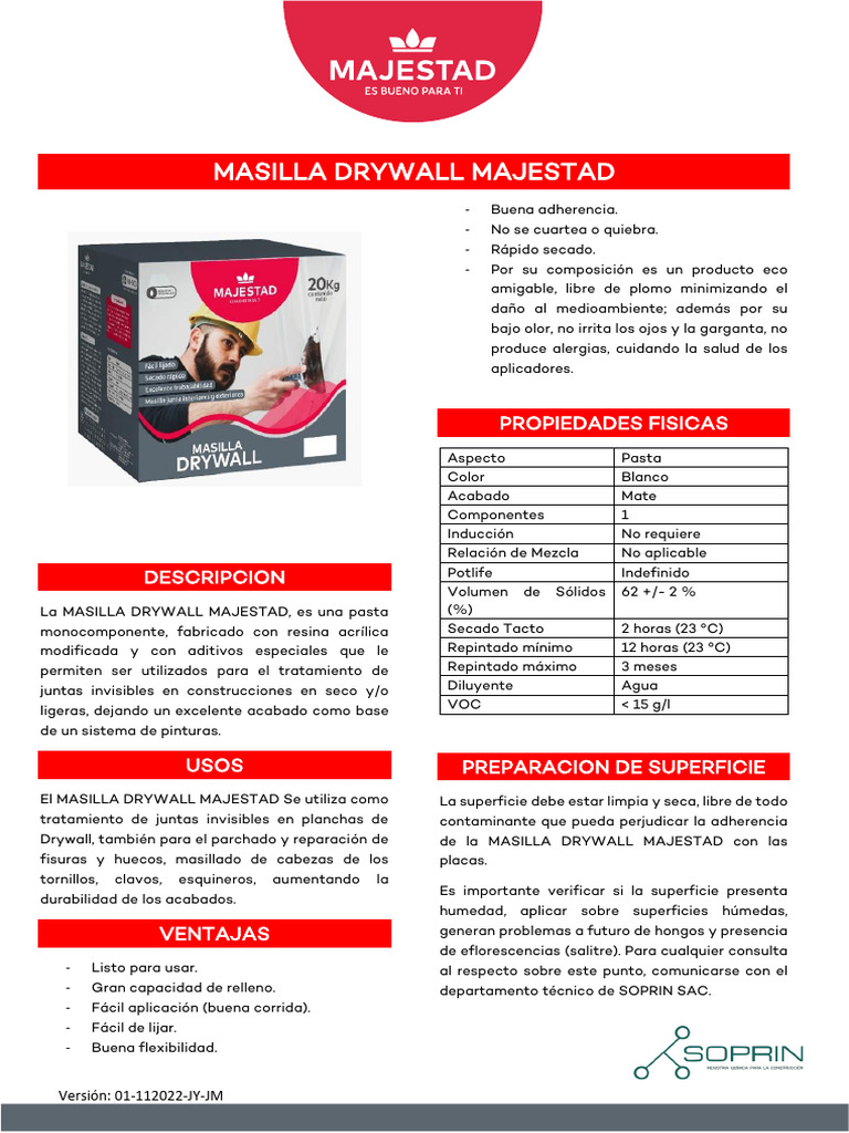 Masilla Drywall Majestad: Características y Usos | PDF | Materiales