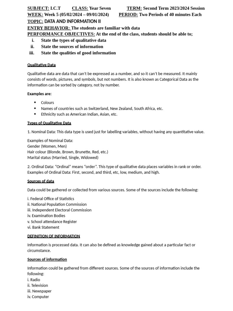 Year 7 DATA and INFORMATION II | PDF | Level Of Measurement | Data