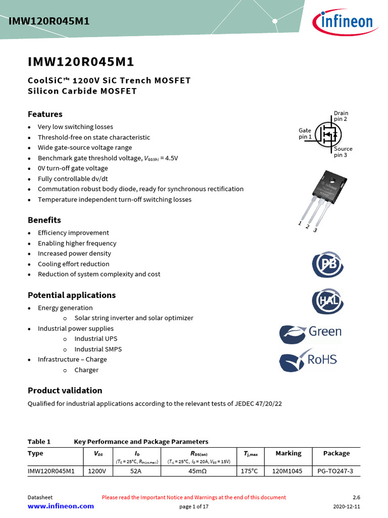 Infineon IMW120R045M1 DataSheet v02 - 06 EN | PDF | Mosfet | Electricity