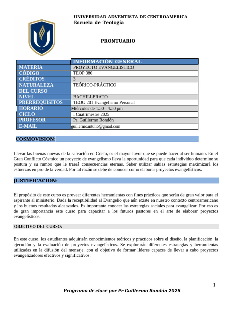 Programa de Clase Proyecto Evangelistico 2025 I | PDF | Evangélico | Diseño