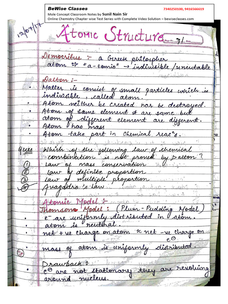 Atomic Structure Notes by Sunil Nain | PDF