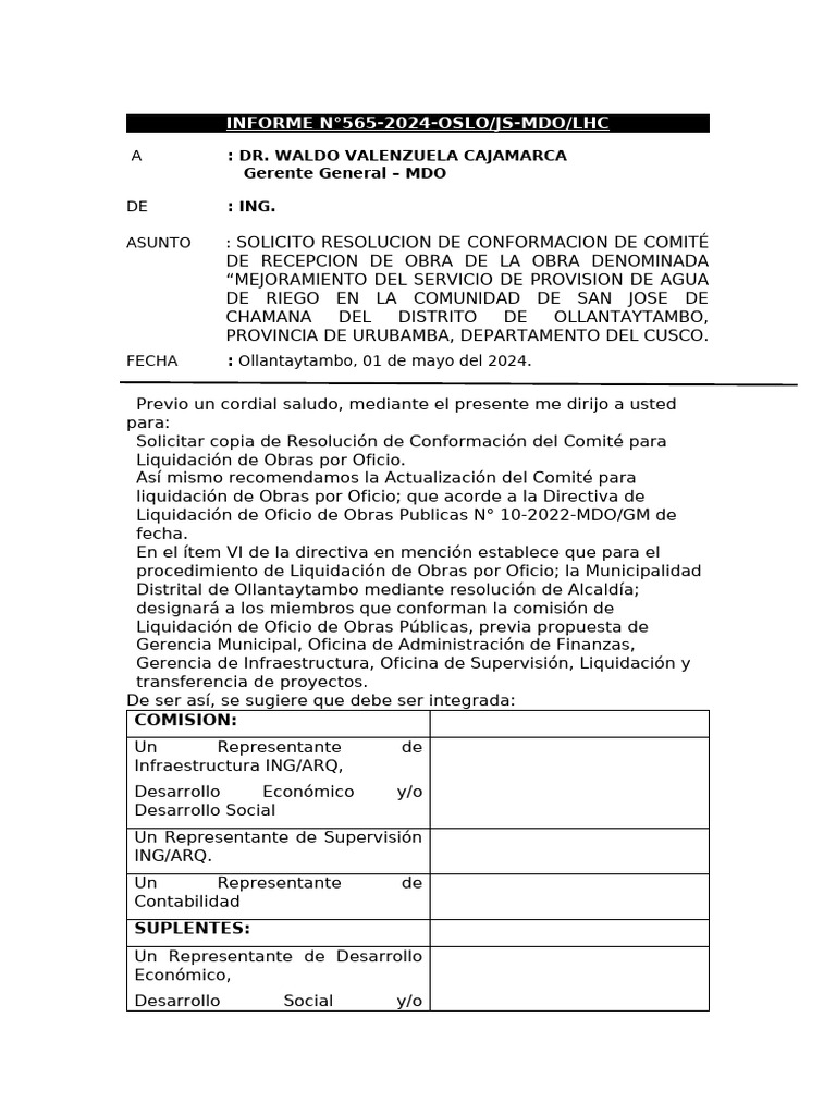 Conformacion de Comite de Recepcion de Obra | PDF