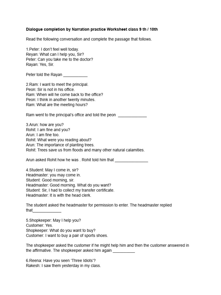 Class 9 Dialogue Completion Worksheet | PDF