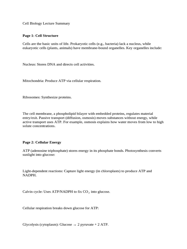 Cell Biology Lecture Summary | PDF