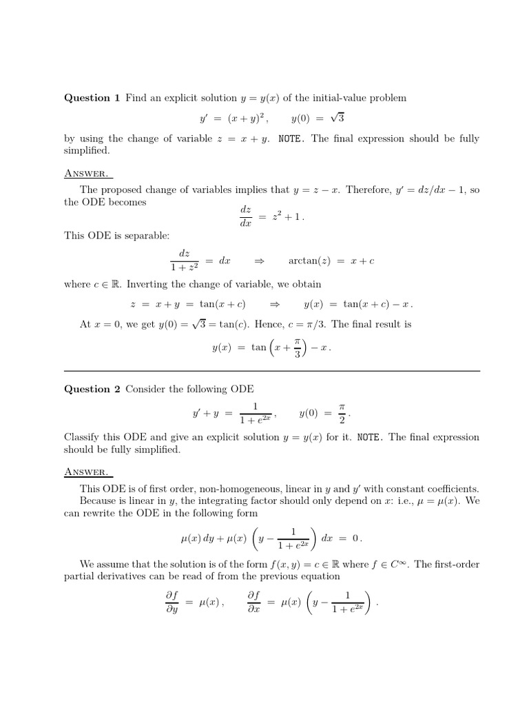 Explicit Solutions for ODEs with Initial Values | PDF | Ordinary Differential Equation ...