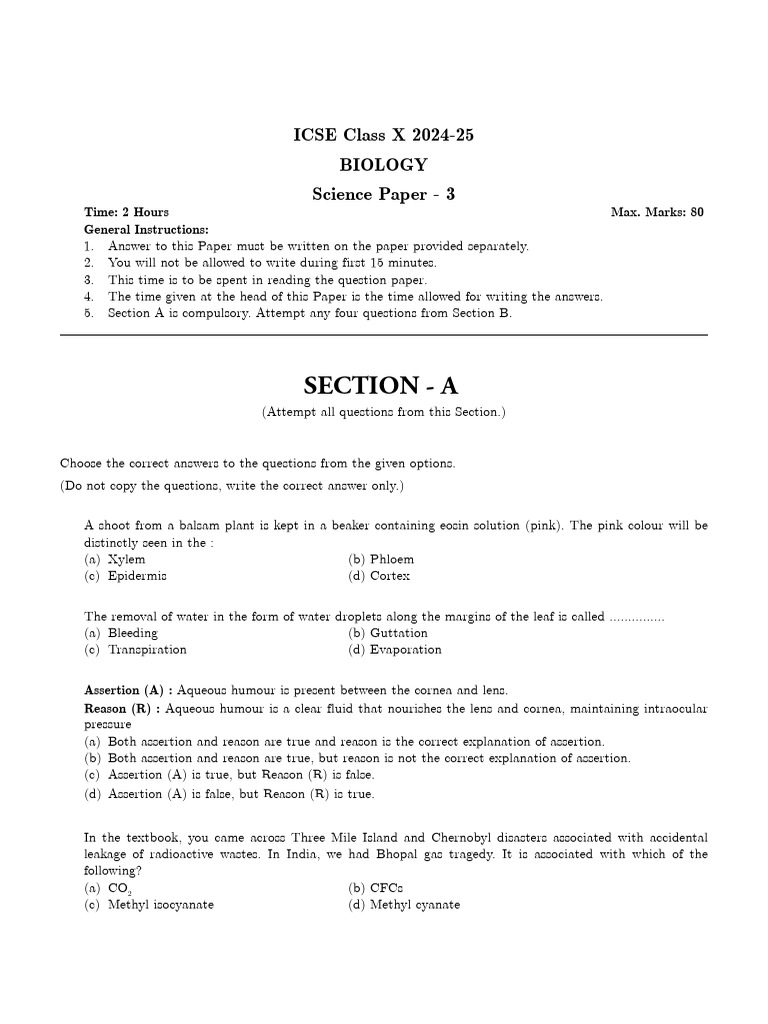 Section - A: ICSE Class X 2024-25 Biology Science Paper - 3 | PDF ...