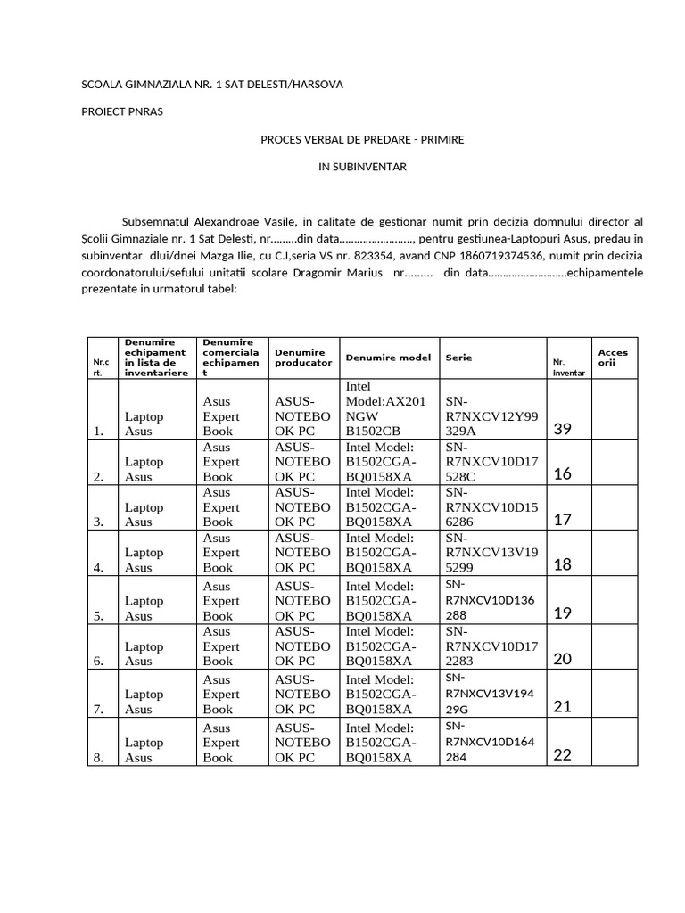Proces Verbal Predare-Primire (2) Laptop-Uri | PDF | Classes Of ...