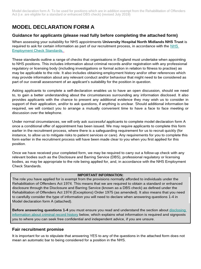 Model Declaration Form A July 2019 | PDF | Criminal Record | Justice