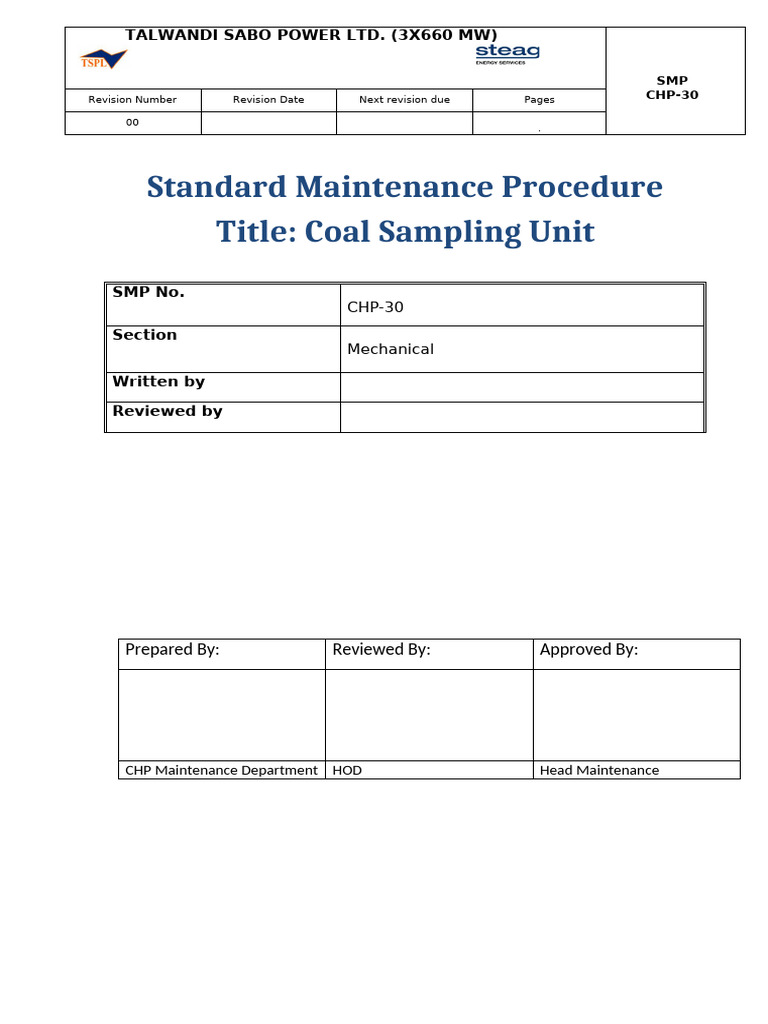 Coal Sampling Unit Maintenance Procedure | PDF | Personal Protective ...