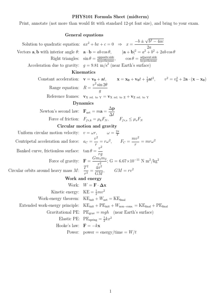 Phys 101 Formula Sheet Part 1 | PDF | Force | Acceleration