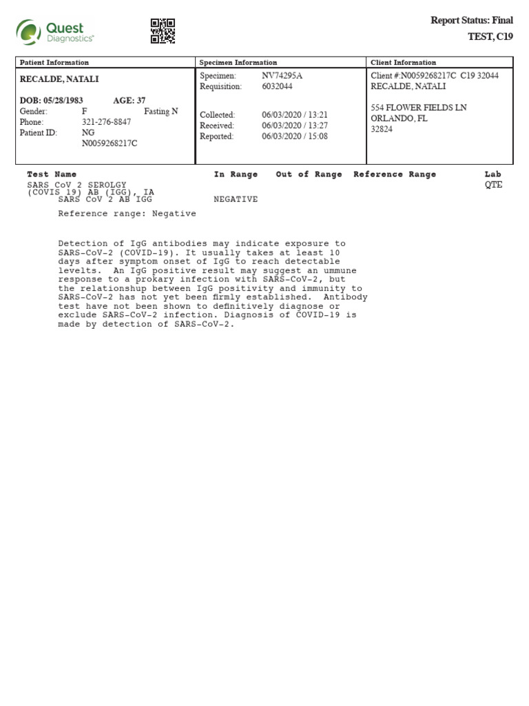 COVID-19 IgG Antibody Test Report | PDF