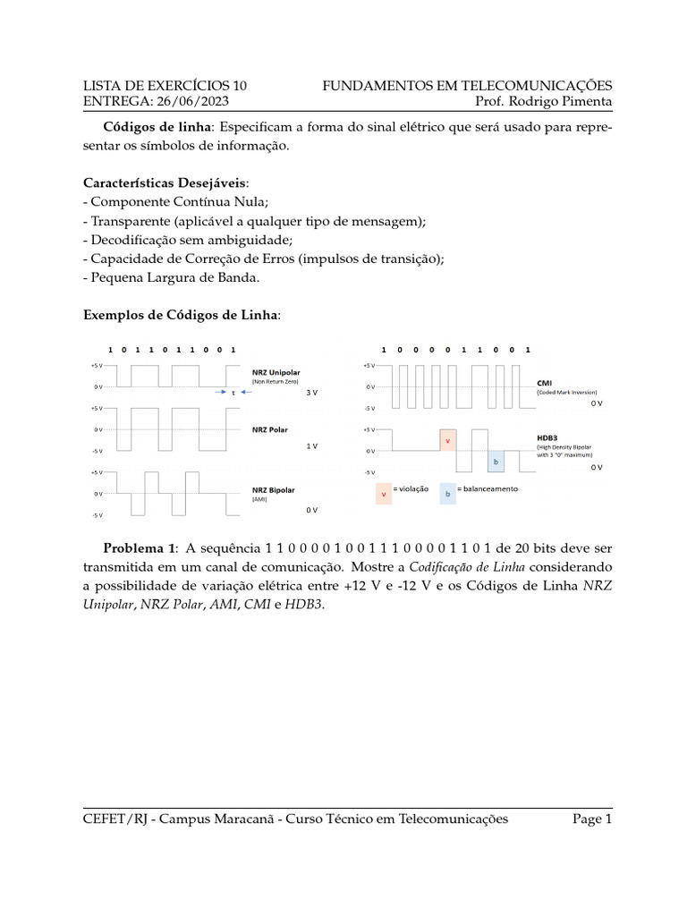 Exercícios de Códigos de Linha em Telecomunicações | PDF