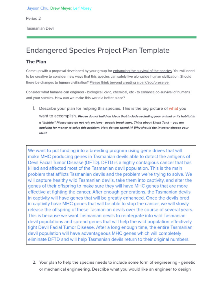 P2 Tasmanian Devil ESP Plan Template | PDF | Medical Specialties | Biochemistry