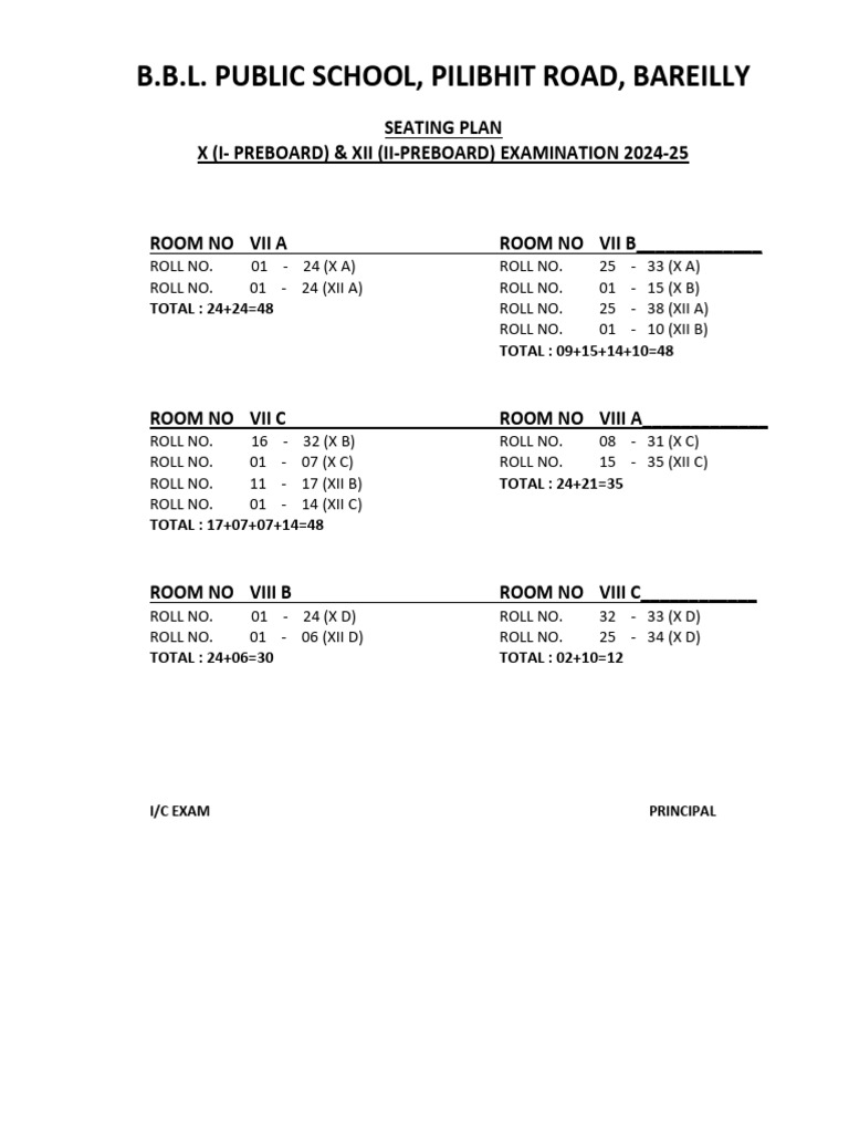 Seating Plan X - Xii - Preboard Exams-1 | PDF