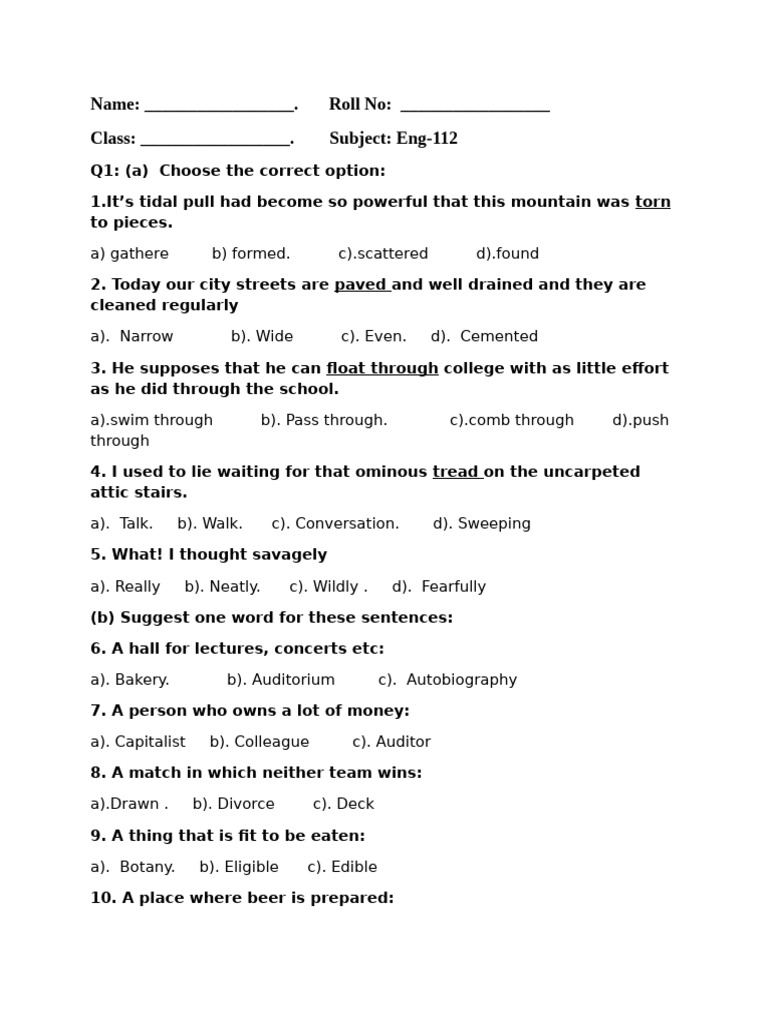 Sample Paper 1st Year English | PDF