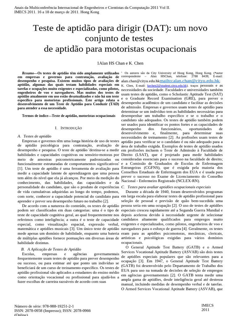 Teste de Aptidão para Condução (DAT) | PDF | Dirigir | Quociente de ...