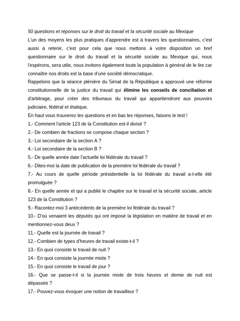 Questions sur le droit du travail au Mexique | PDF | Salaires | Congé ...