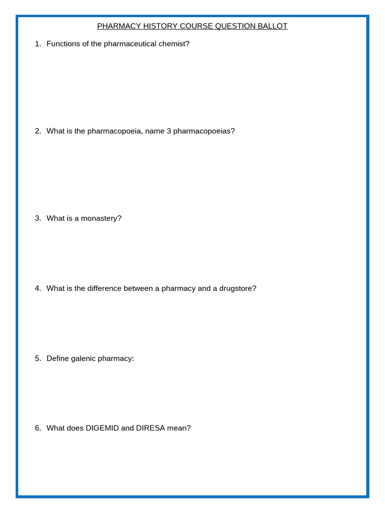 Pharmacy History Course Questions Guide | PDF | Pharmacy | Health Care