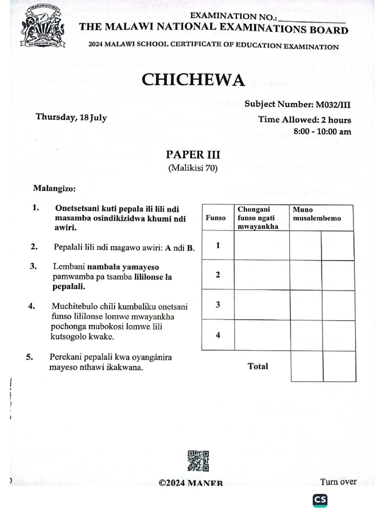 2024 MANEB Chichewa III | PDF