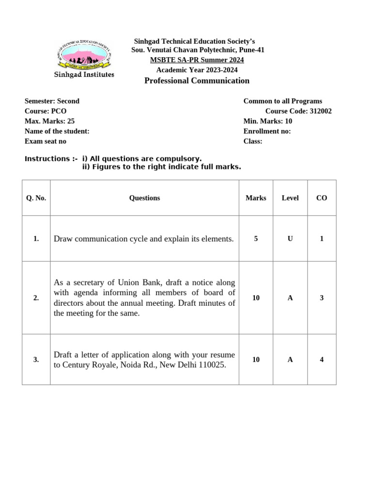MSBTE PCO Test Paper Summer - 2024 | PDF