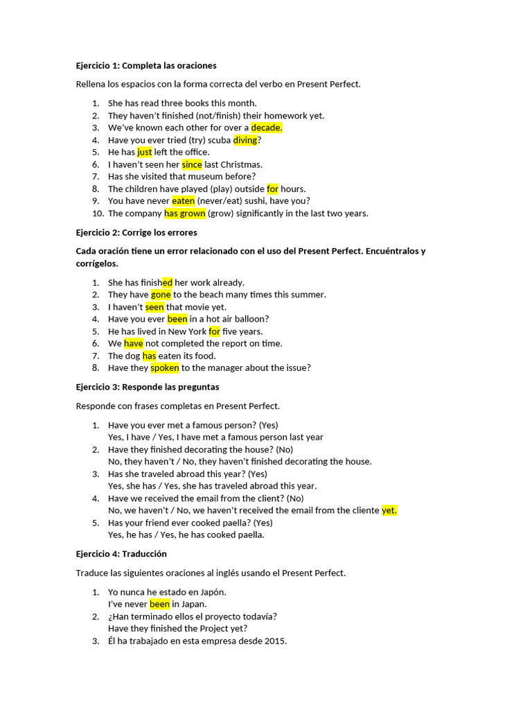 Ejercicios de Present Perfect en Inglés | PDF