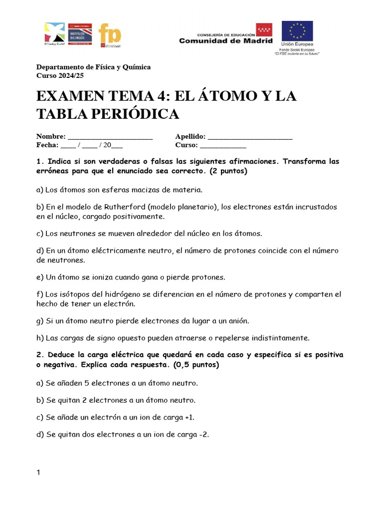 Examen T4-T5 FYQ | PDF | Protón | Electrón
