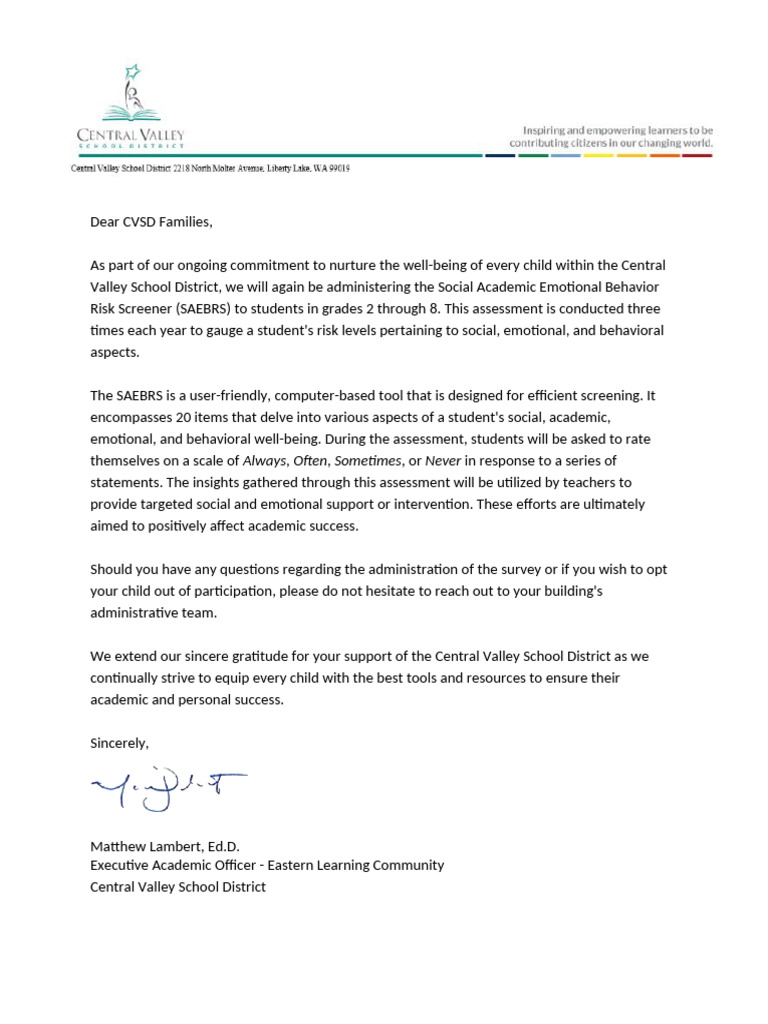 SAEBRS Parent - Guardian Letter 2023-2024 | PDF