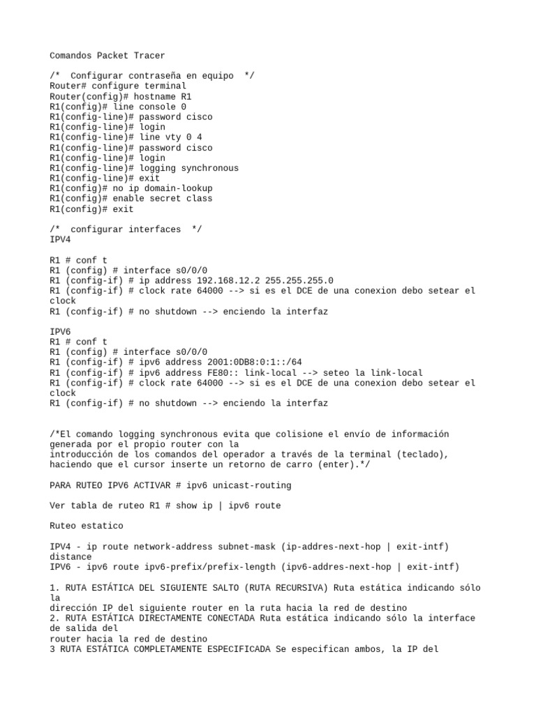 Comandos Packet Tracer | PDF | Enrutador (Computación) | Estándares de red