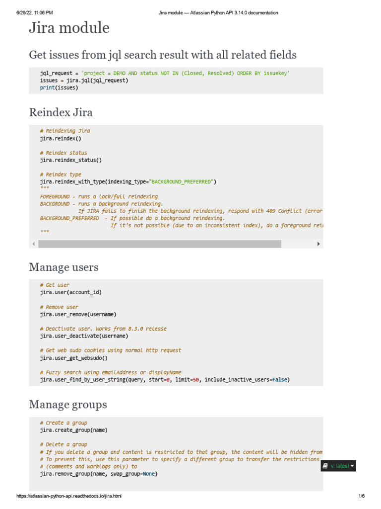 Jira Module - Atlassian Python API 3.14.0 Documentation | PDF | Python (Programming Language ...