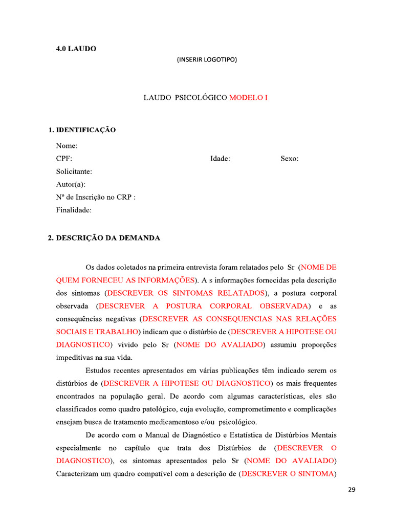 Modelos de Laudo Psicológico 2024 | PDF