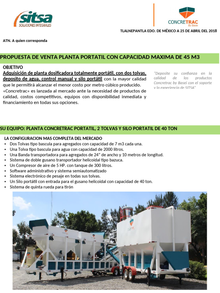 Planta Portátil Concretrac 45 m³ en Venta | PDF | Motores