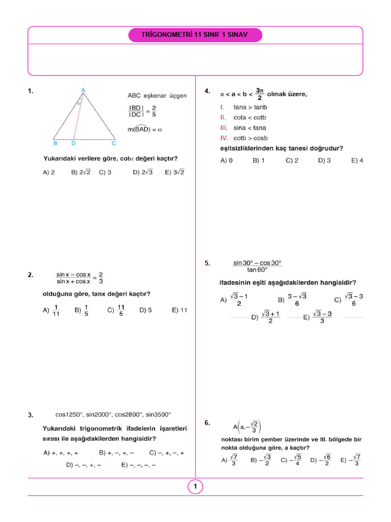 Trigonometri 11 Sinif 1 Sinav | PDF