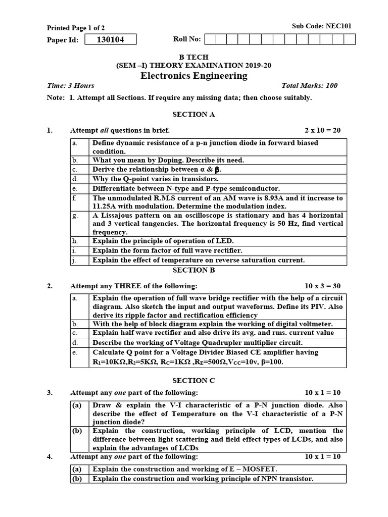B Tech Electronics Exam Paper 2019-20 | PDF | Rectifier | Electricity